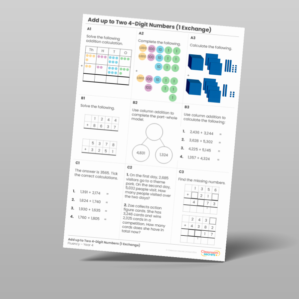 Year 4 Add Up To Two 4 Digit Numbers 1 Exchange Resource | Classroom Secrets