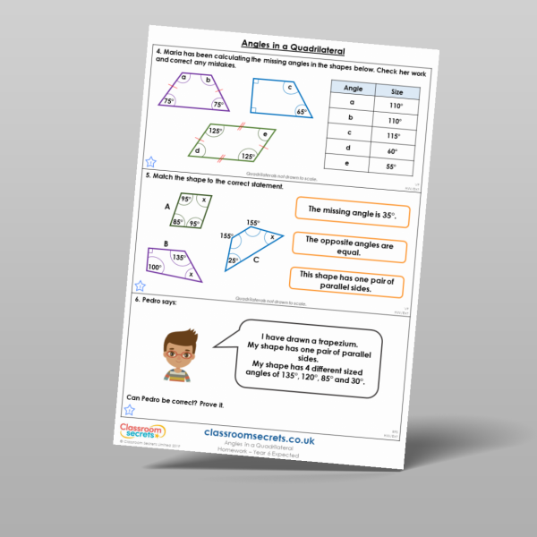 Year 6 Angles In A Quadrilateral Homework Resource | Classroom Secrets