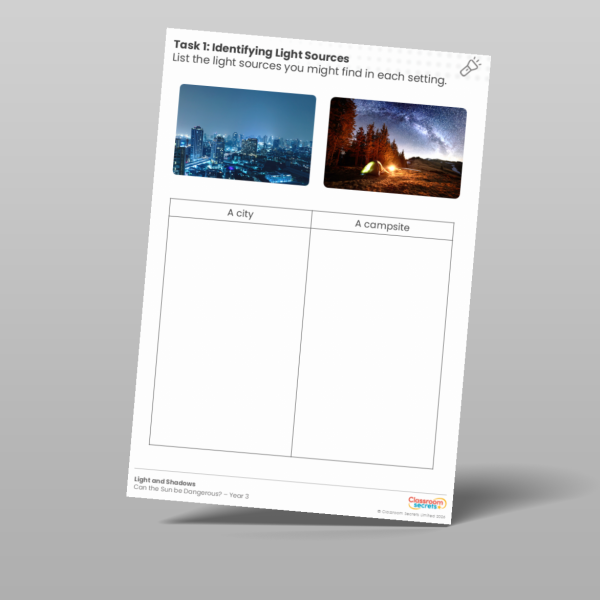 Year 3 Identifying Light Sources Worksheet Resource | Classroom Secrets