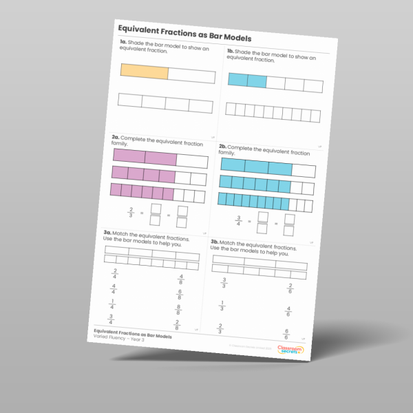 Year 3 Equivalent Fractions As Bar Models Varied Fluency 2 Resource ...