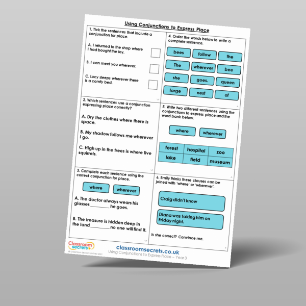 Year 3 Using Conjunctions To Express Place Mixed Activity Resource Classroom Secrets