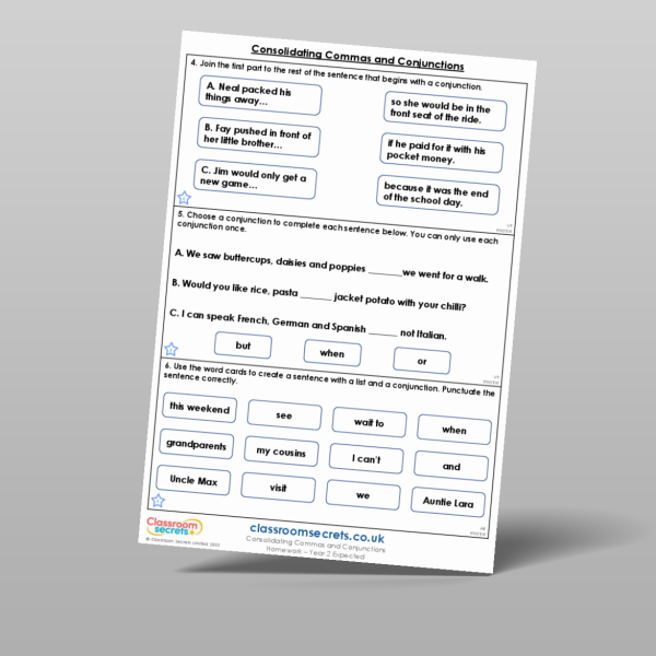 Year 2 Consolidating Commas And Conjunctions Homework Resource ...