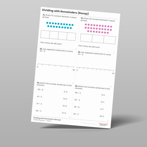 Year 3 Dividing With Remainders Recap Varied Fluency Resource ...