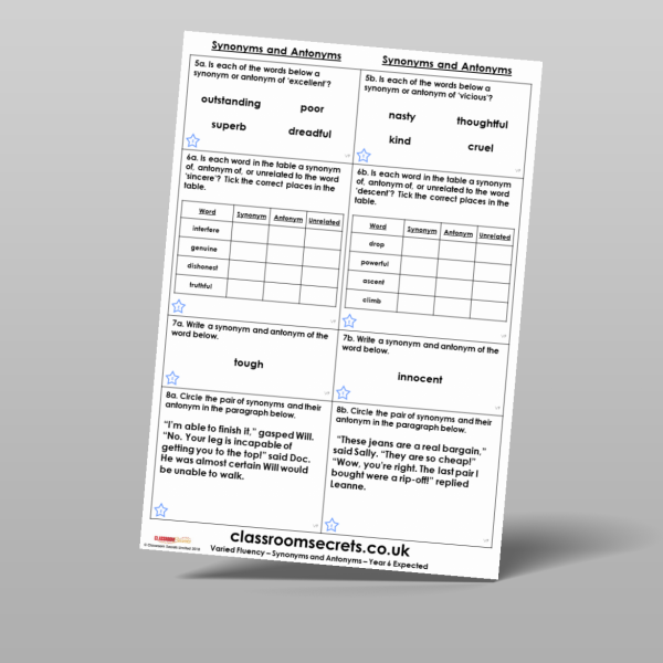 Year 6 Synonyms And Antonyms Varied Fluency Resource | Classroom Secrets