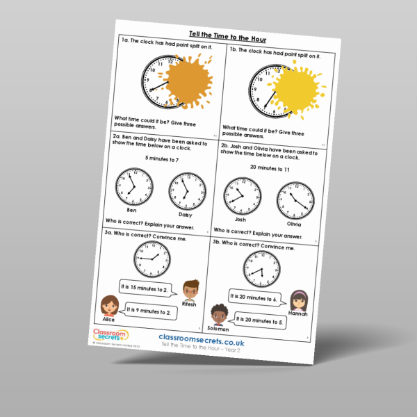Year 2 Tell The Time To The Hour Reasoning And Problem Solving Resource Classroom Secrets