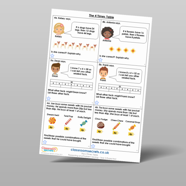 Year 3 The 4 Times Table Reasoning And Problem Solving Resource | Classroom Secrets