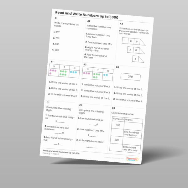 Year 3 Read And Write Numbers Up To 1 000 Fluency Matrix Resource Classroom Secrets