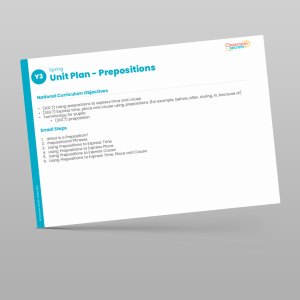 Year 3 Word Classes Prepositions Guidance Resource | Classroom Secrets