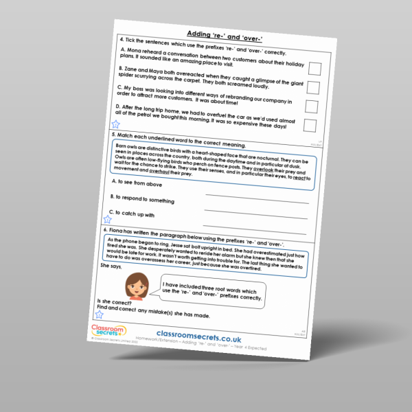 Year 5 Adding Re And Over Homework Resource | Classroom Secrets