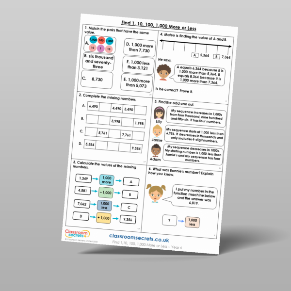 Year 4 Find 1 10 100 1 000 More Or Less Mixed Activity Resource ...