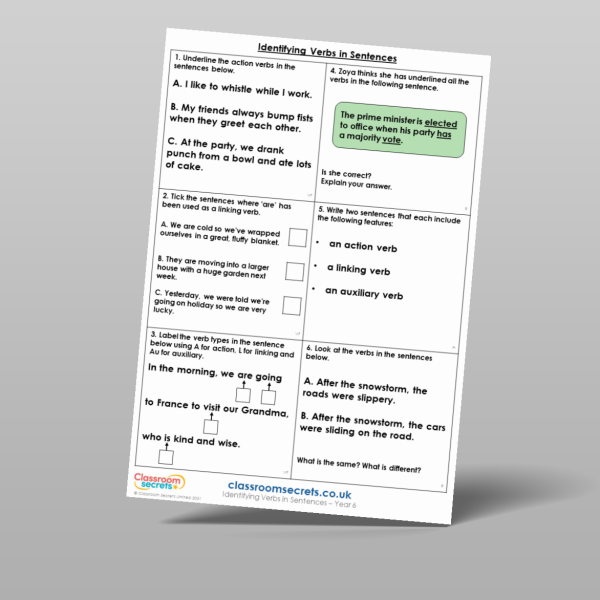 Year 6 Identifying Verbs In Sentences Mixed Activity Resource ...