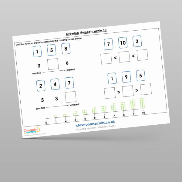 Year 1 Ordering Numbers Within 10 Main Activity Resource Classroom Secrets