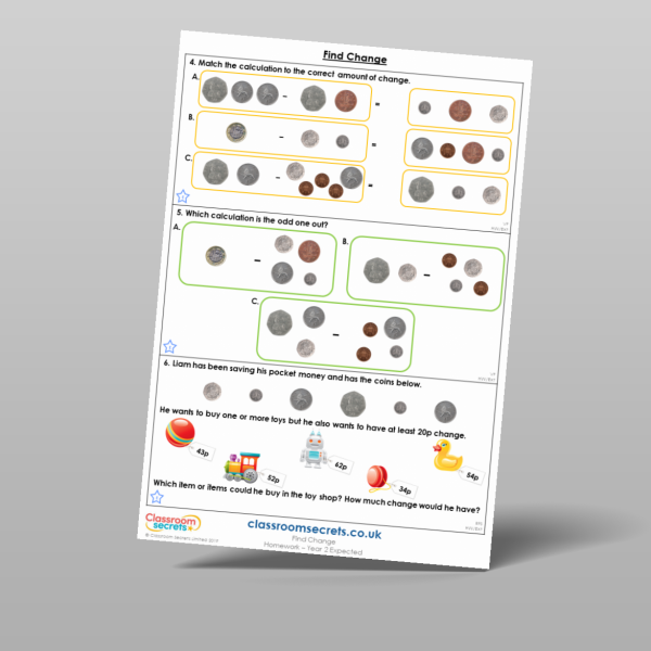 Year 2 Find Change Homework Resource | Classroom Secrets