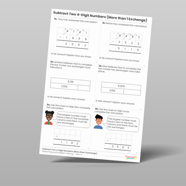 Year 4 Subtract Two 4 Digit Numbers More Than 1 Exchange Reasoning And ...