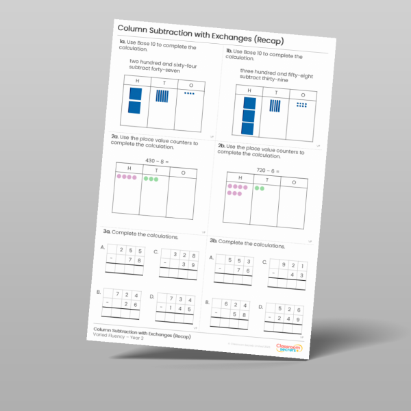 Year 3 Column Subtraction With Exchanges Recap Varied Fluency Resource ...