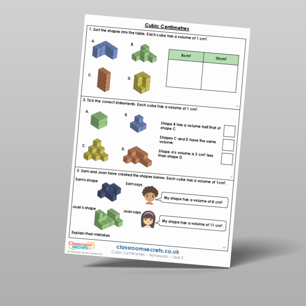 Year 5 Cubic Centimetres Homework Resource Classroom Secrets