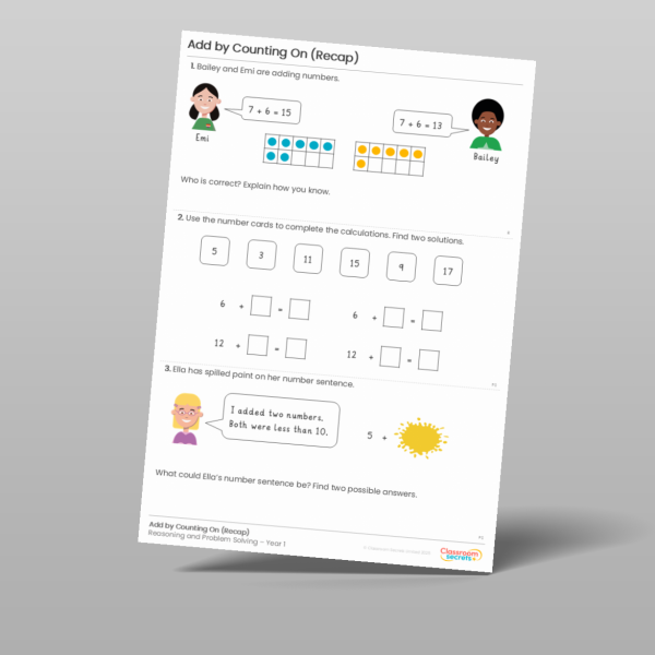Year 1 Add By Counting On Recap Reasoning And Problem Solving Resource Classroom Secrets