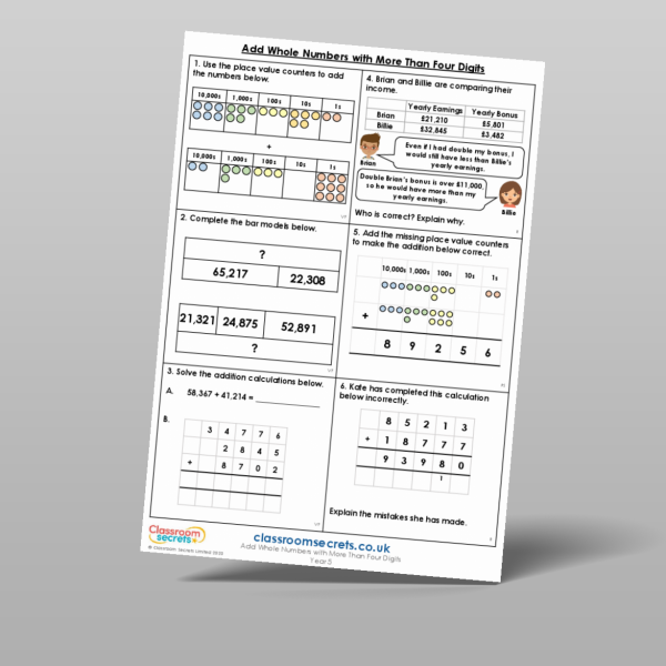 Year 5 Add Whole Numbers With More Than Four Digits Mixed Activity Resource | Classroom Secrets