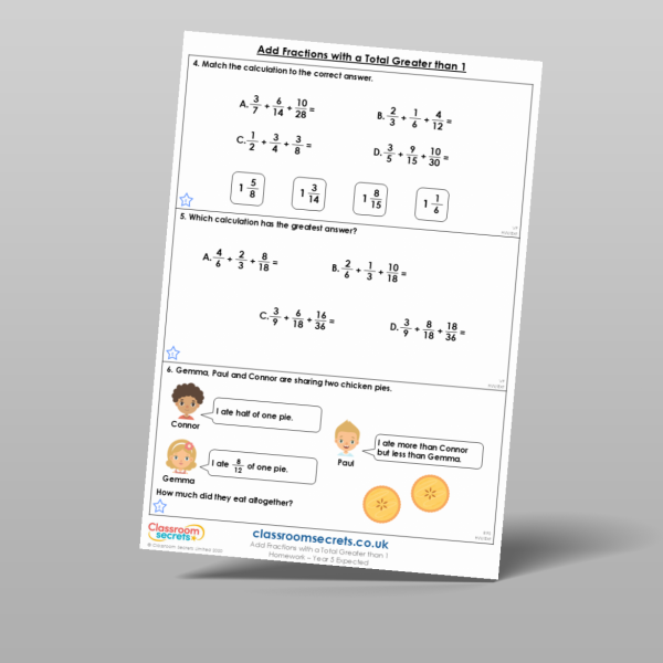 Year 5 Add Fractions With A Total Greater Than 1 Homework Resource ...
