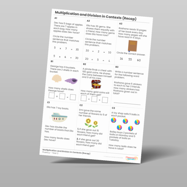 Year 2 Multiplication And Division In Contexts Recap Fluency Matrix Resource | Classroom Secrets