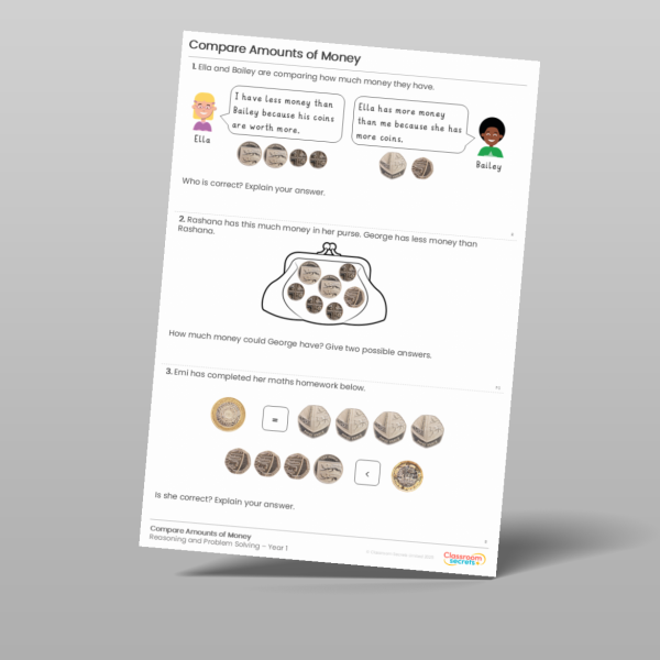 Year 1 Compare Amounts Of Money Reasoning And Problem Solving Resource | Classroom Secrets