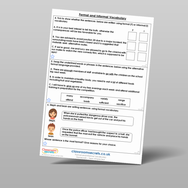 Year 6 Formal And Informal Vocabulary Homework Resource | Classroom Secrets