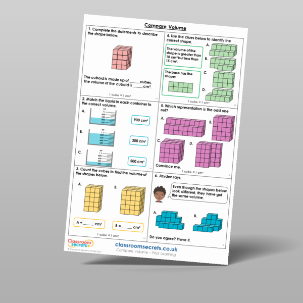 Year 5 Compare Volume Prior Learning Resource | Classroom Secrets