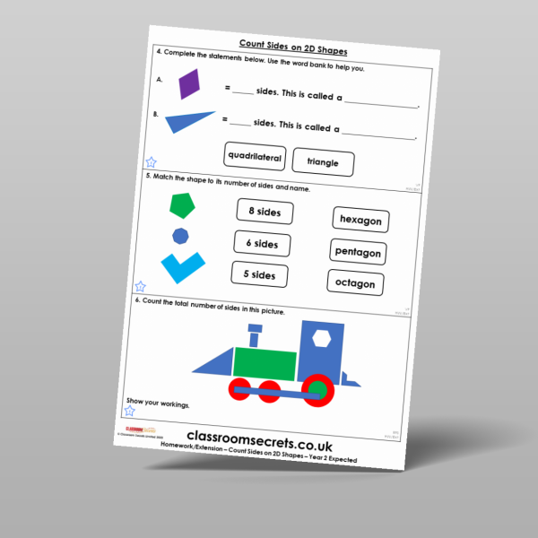 Year 2 Count Sides On 2d Shapes Homework Resource | Classroom Secrets