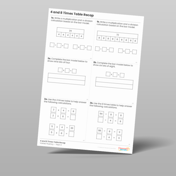 Year 4 4 And 8 Times Table Recap Varied Fluency Resource | Classroom ...