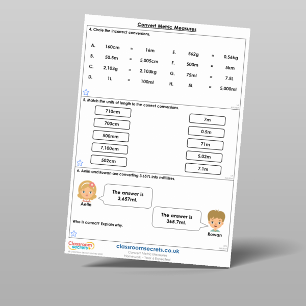 Year 6 Convert Metric Measures Homework Resource | Classroom Secrets