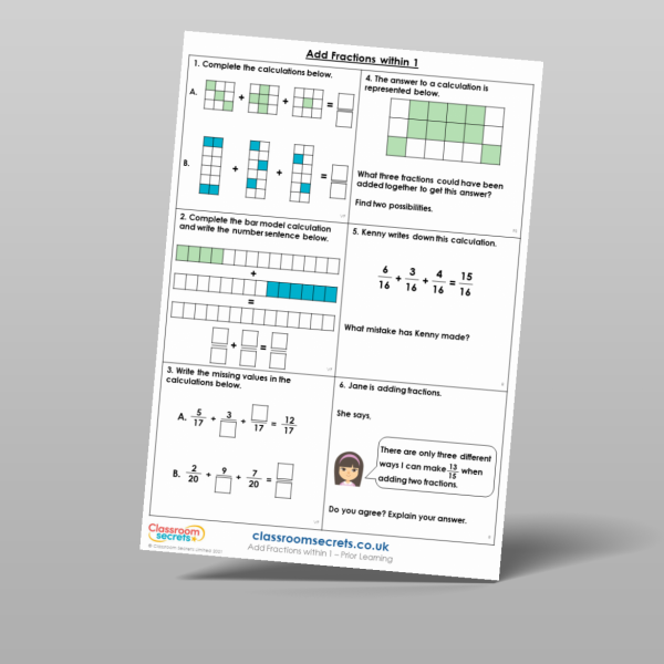 Year 5 Add Fractions Within 1 Prior Learning Resource | Classroom Secrets