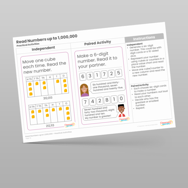 Year 5 Read Numbers Up To 1 000 000 Practical Activities Resource Classroom Secrets