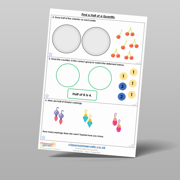 Year 1 Find Half Of A Quantity Homework Resource | Classroom Secrets