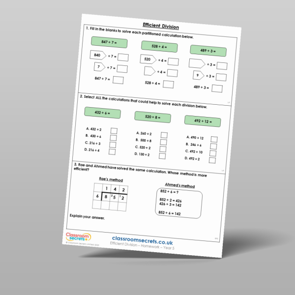 Year 5 Efficient Division Homework Resource | Classroom Secrets