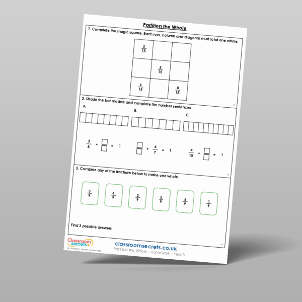 Year 3 Partition The Whole Homework Resource | Classroom Secrets