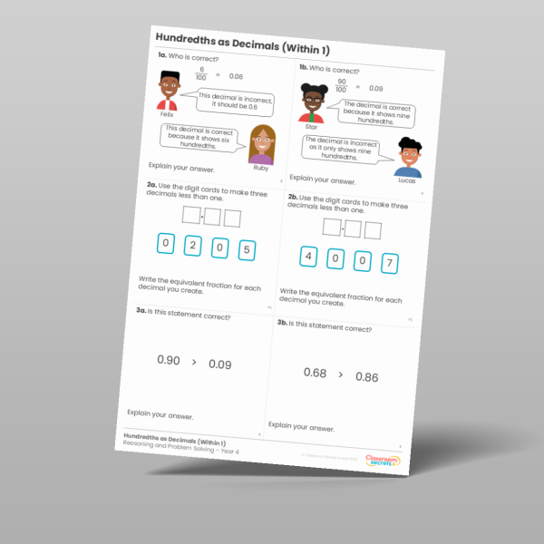 Year 4 Hundredths As Decimals Within 1 Reasoning And Problem Solving ...