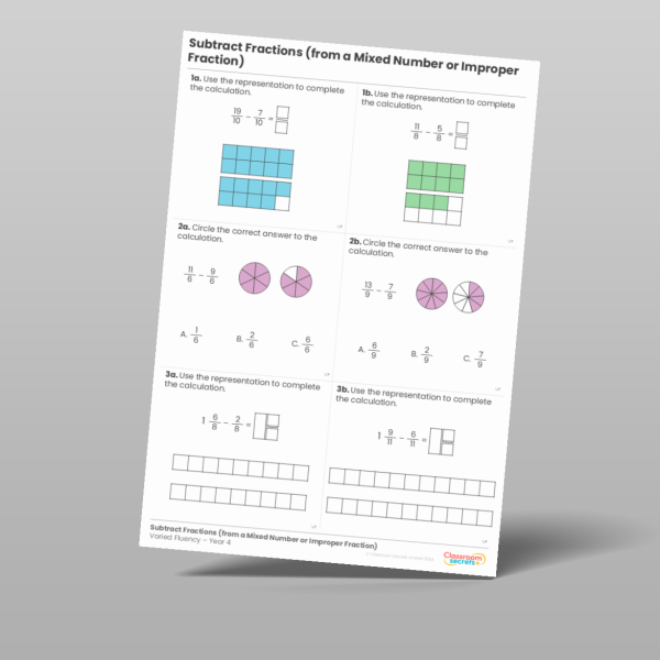 Year 4 Subtract Fractions From A Mixed Number Or Improper Fraction Varied Fluency Resource ...