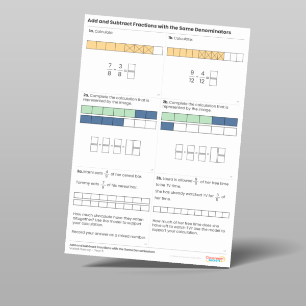 Add And Subtract Fractions With The Same Denominator Varied Fluency Resource Classroom Secrets
