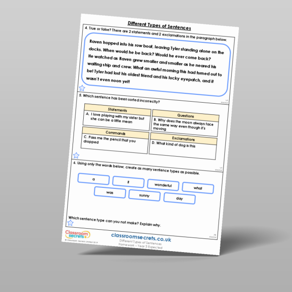 Year 3 Different Types Of Sentences Homework Resource | Classroom Secrets