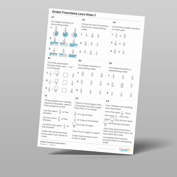 Year 5 Order Fractions Less Than 1 Fluency Matrix Resource | Classroom Secrets