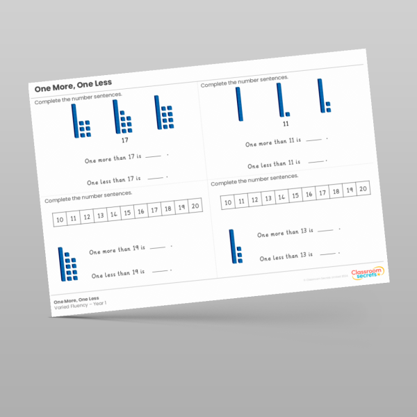 Year 1 One More One Less Varied Fluency Resource | Classroom Secrets