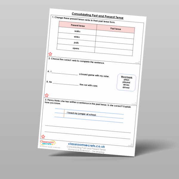 Y2 Consolidating Past And Present Tense Homework Resource | Classroom ...