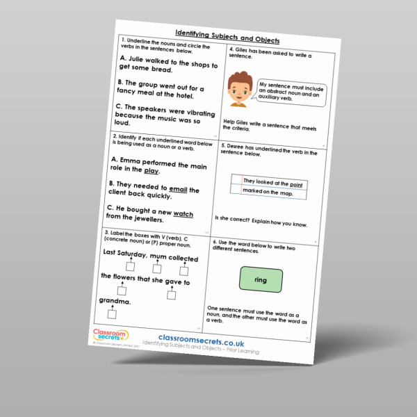 Year 6 Identifying Subjects And Objects Prior Learning Resource ...