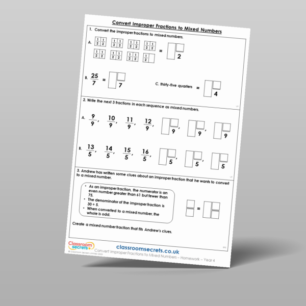 Year 4 Convert Improper Fractions To Mixed Numbers Homework Resource ...