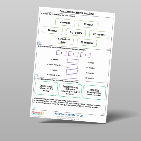 Year 4 Years Months Weeks And Days Homework Resource | Classroom Secrets