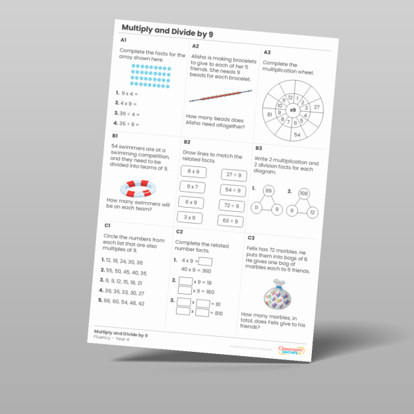 Multiply and Divide by 9 Fluency Matrix Resource | Classroom Secrets