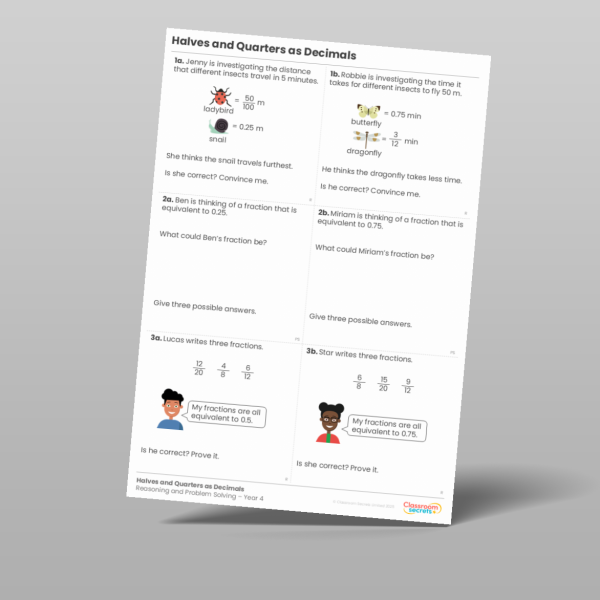 Year 4 Halves And Quarters As Decimals Reasoning And Problem Solving 2 ...
