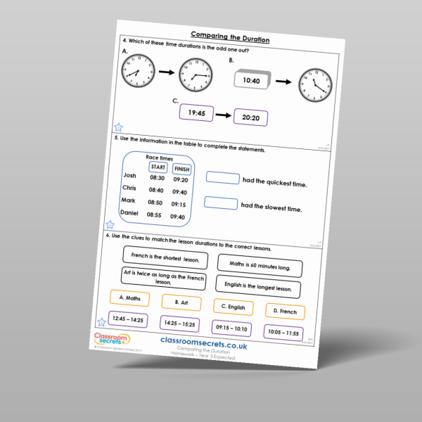 Year 3 Comparing The Duration Homework Resource | Classroom Secrets