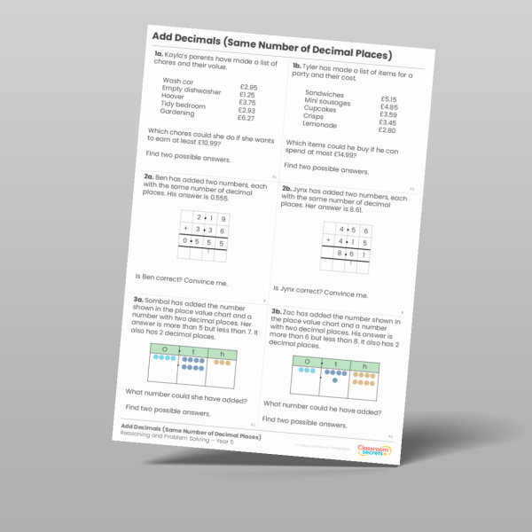 Year 5 Add Decimals Same Number Of Decimal Places Reasoning And Problem ...