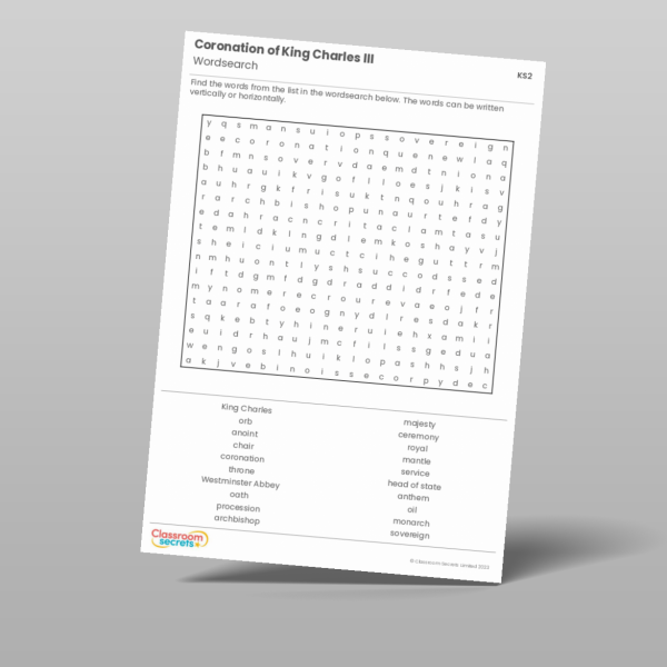 KS2 The Coronation Of King Charles Iii Wordsearch Resource | Classroom ...
